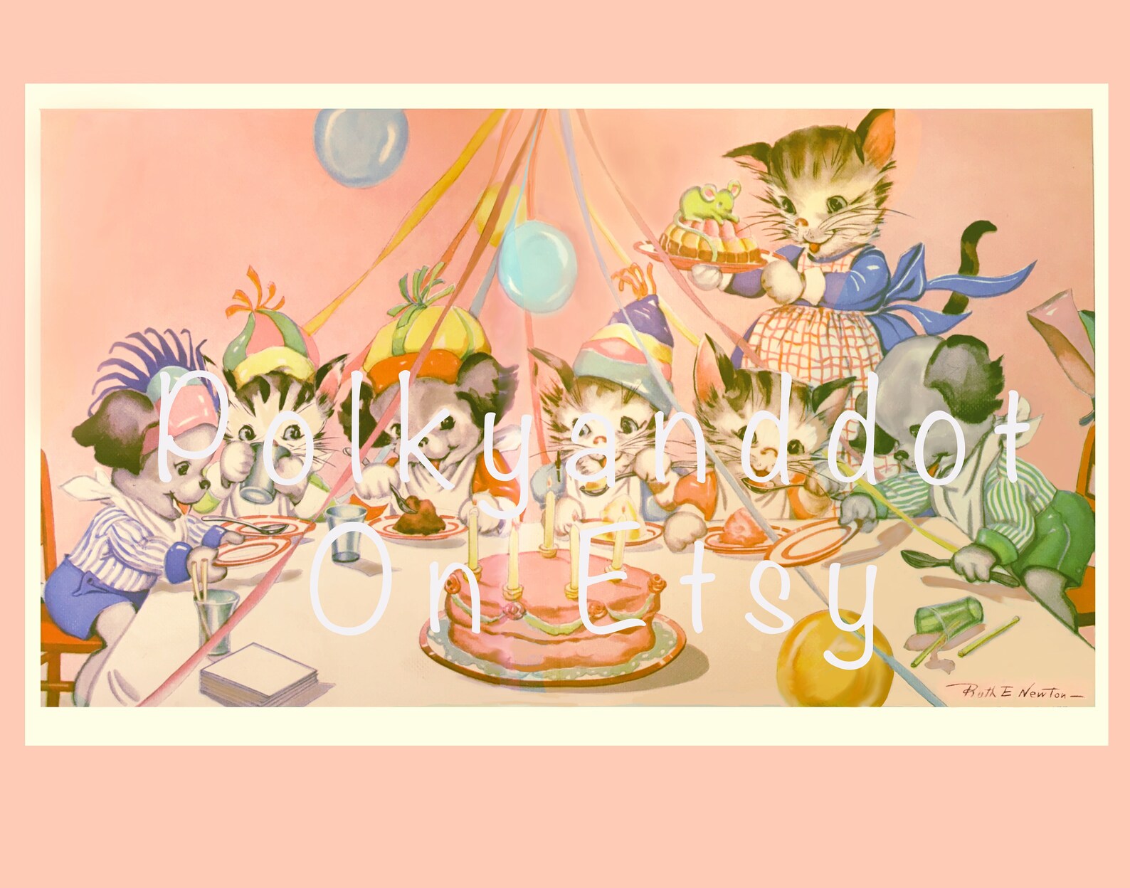 Kitty Puppy Pink Party Retro Illustration Digital Image - Etsy