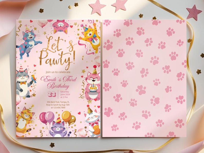 Editable Cat Birthday Invitation for 3rd Birthday, Cute Kitten Birthday ...