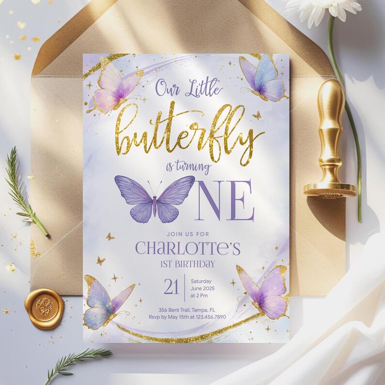 Editable Butterfly 1st Birthday Invitation, Purple and Gold Glitter ...