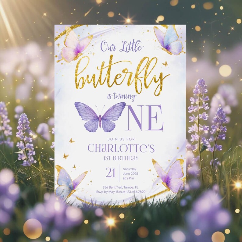 Editable Butterfly 1st Birthday Invitation, Purple and Gold Glitter ...