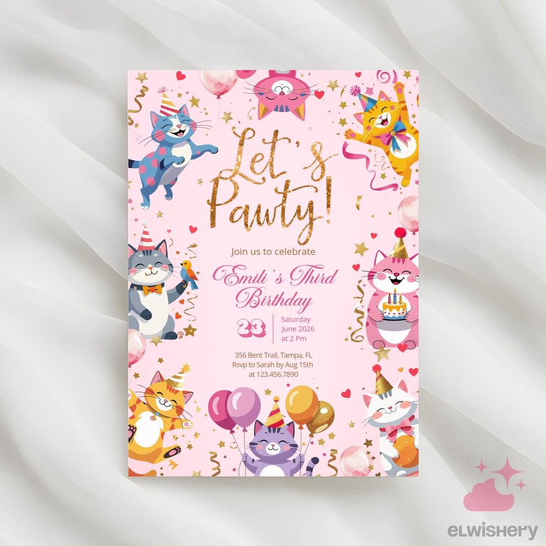 Editable Cat Birthday Invitation for 3rd Birthday, Cute Kitten Birthday ...