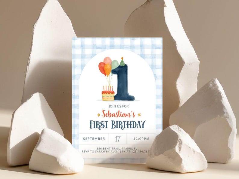 Blue Gingham First Birthday Invitation, Editable 1st Birthday Party ...
