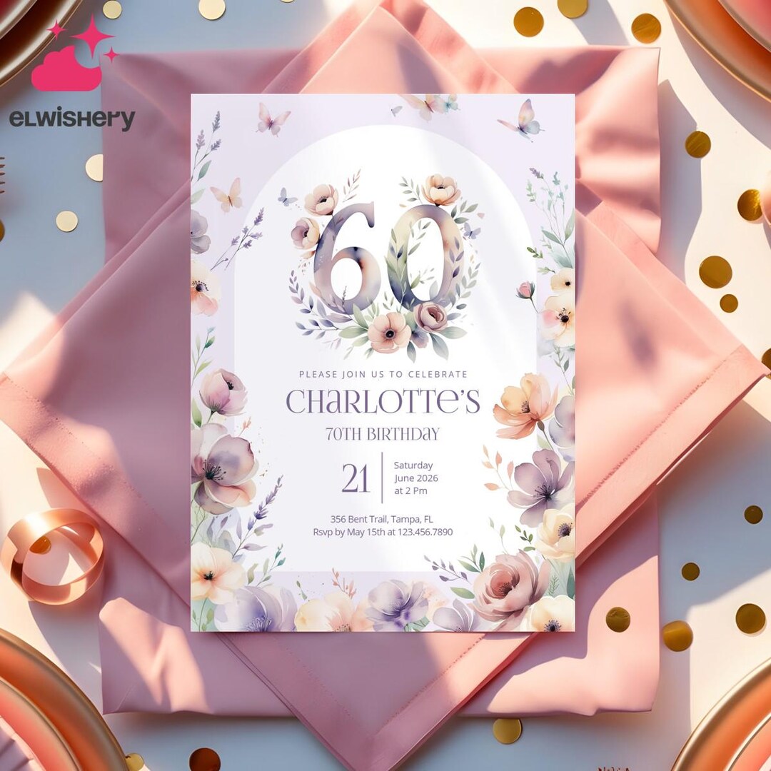 Editable 60th Birthday Invitation Template, Floral Sixty Birthday ...