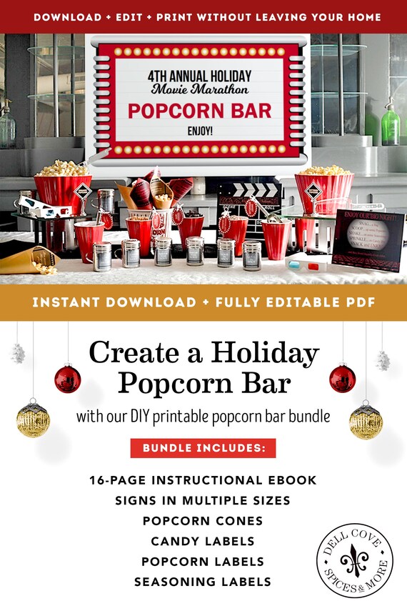 Holiday Movie Night Kit Instant Download: Printable Popcorn Bar Bundle ...