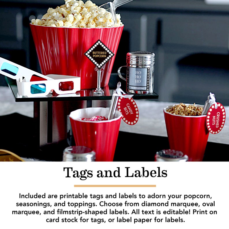 Printable Popcorn Bar Labels and Tags for Movie Night Instant | Etsy