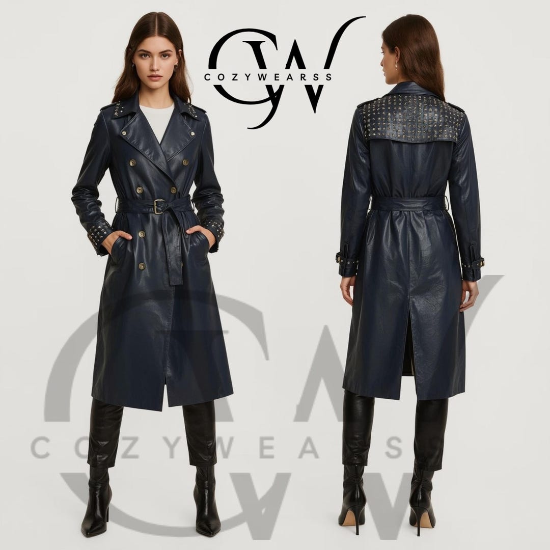 Handmade Navy Blue Studded Leather Trench Coat - Custom Fit - Etsy