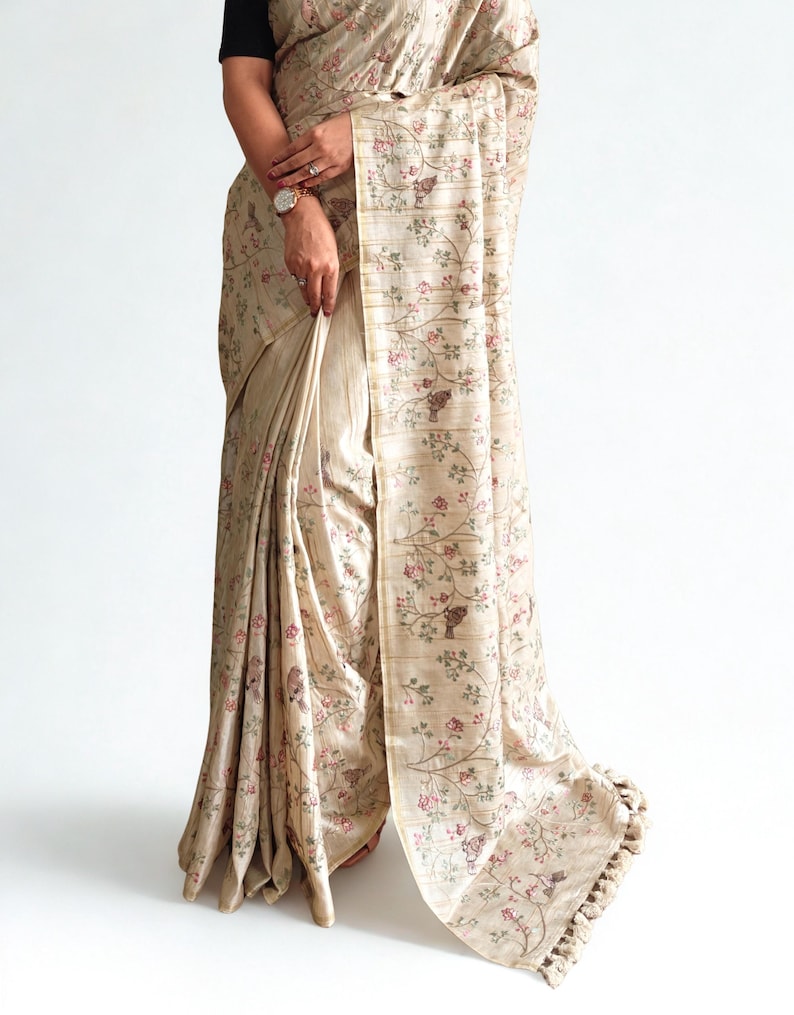 Pure Loom Tussar Silk Saree: Handcrafted Embroidery With Bird & Floral ...
