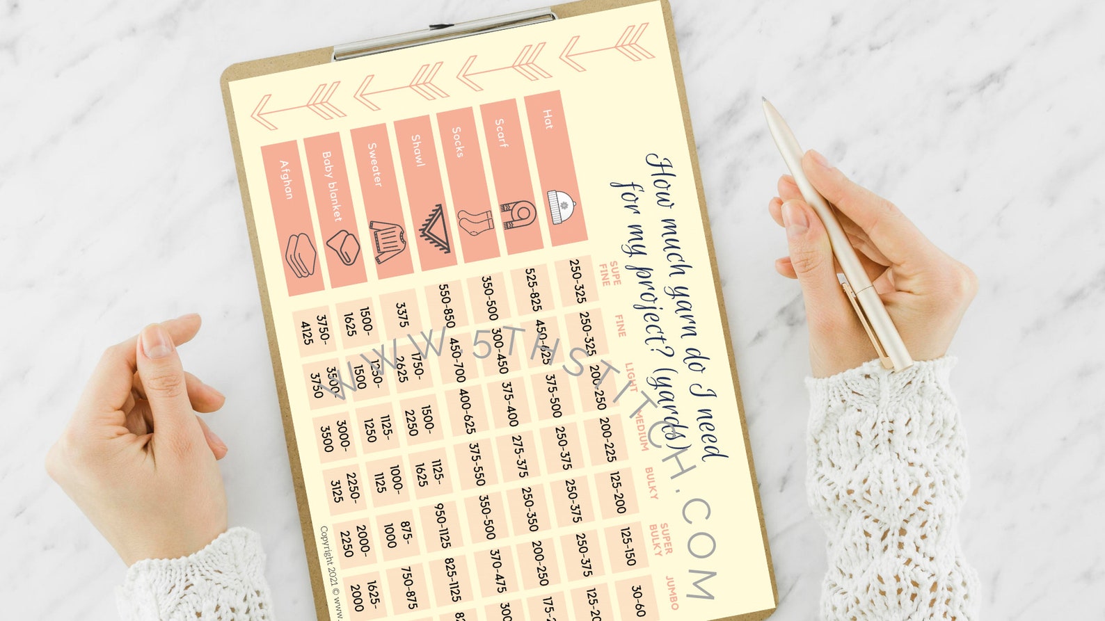 Printable and Fillable Yarn Weight Chart and Yarn Length Chart in Yards ...