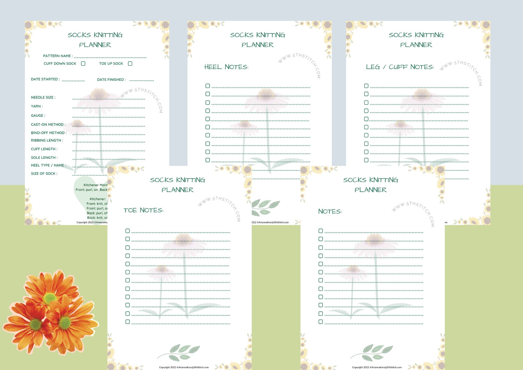 Printable and Fillable Daisy Sock Knitting Planner. PDF File. Instant ...