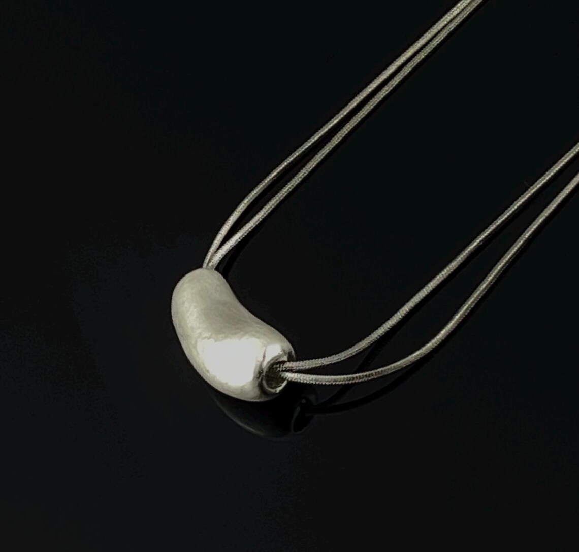 Matte Silver Bean Pendant Necklace: Minimalist Double Chain - Etsy