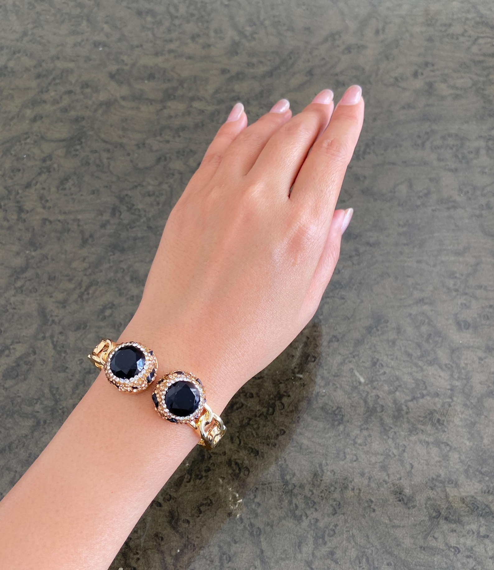 Gold Cuff Bracelet With Black Stone, Black Crystal Bracelet, Statement Cuff, Open Cuff Bracelet ...