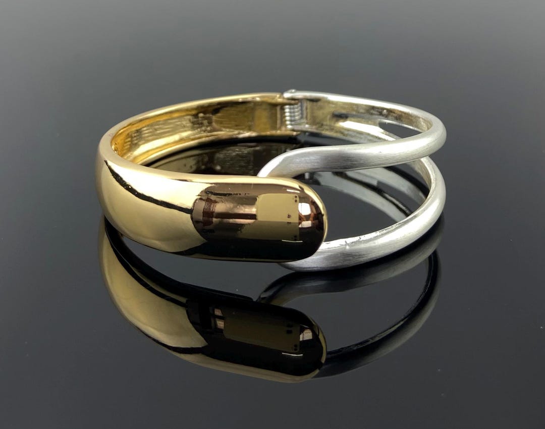 Two Tone Open Hinge Bangle Bracelet, Split Band Cuff Bracelet - Gold ...