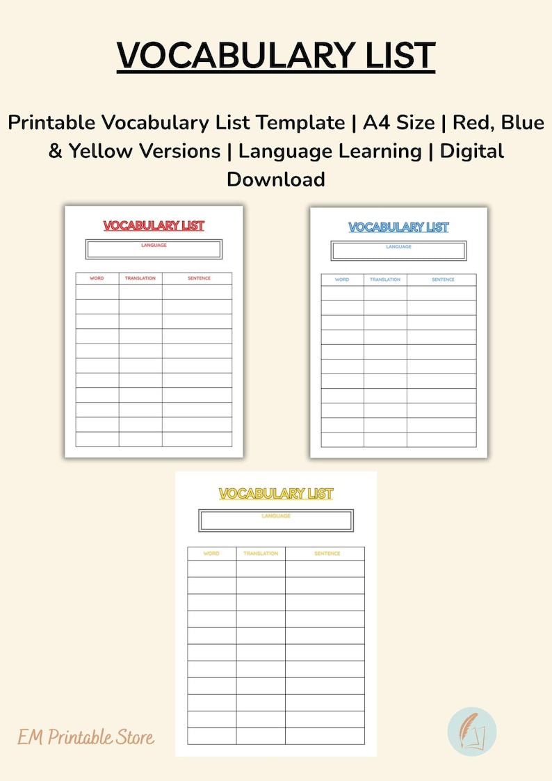 Printable Vocabulary List Template | 3 Colours (red, Yellow, Blue ...