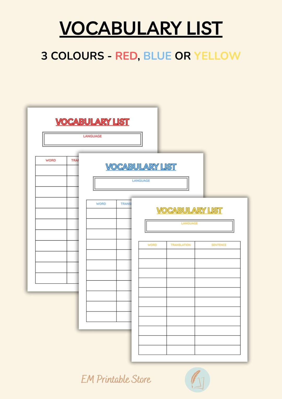 Printable Vocabulary List Template | 3 Colours (red, Yellow, Blue ...