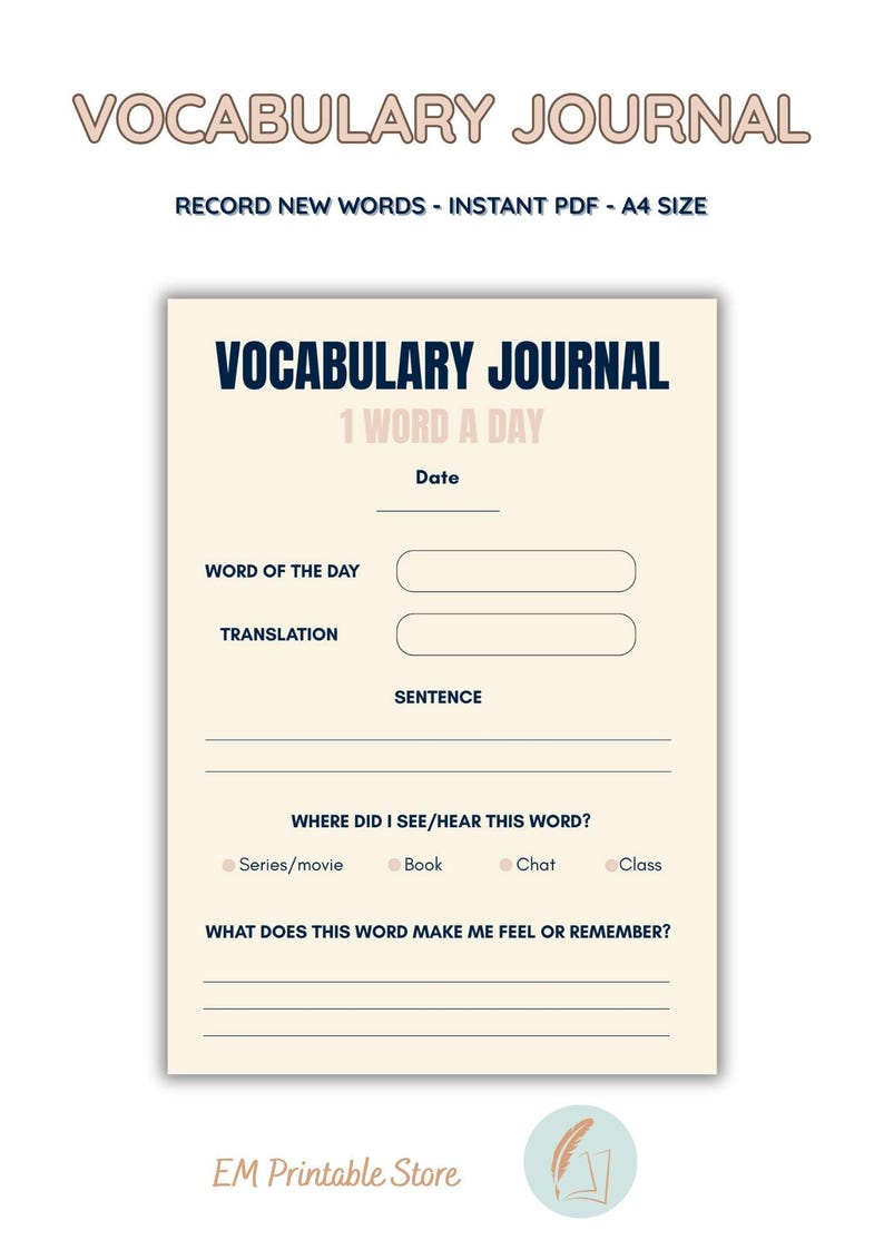 Vocabulary Journal Printable | Language Learning Template | Study ...