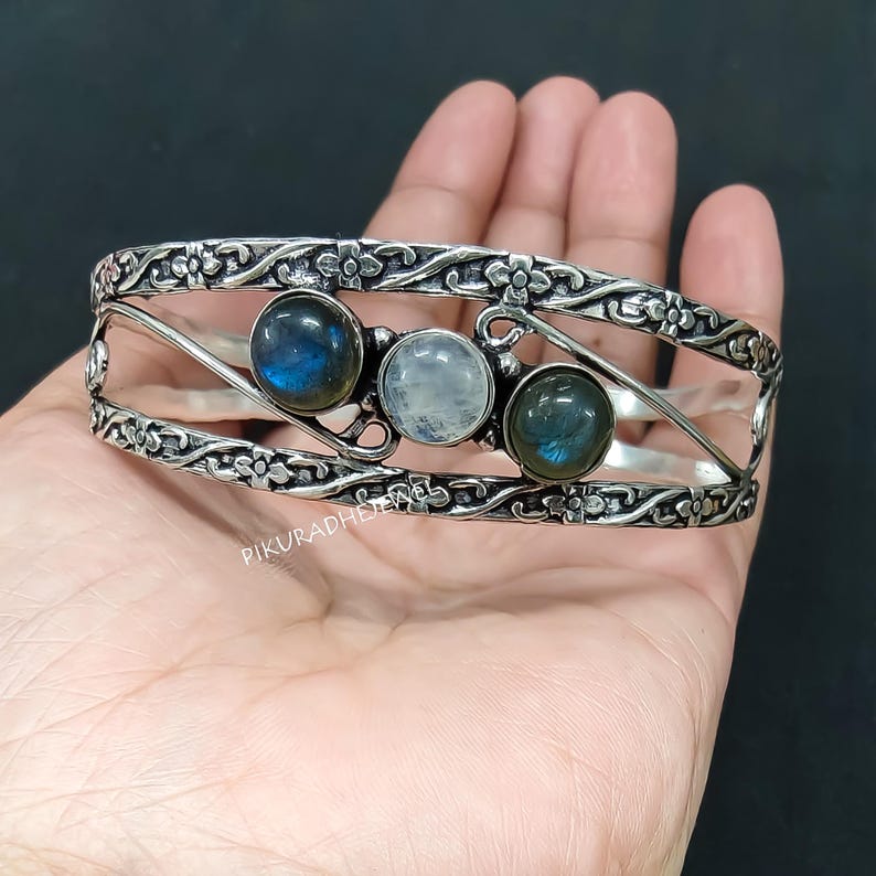 Labradorite Moonstone Silver Cuff Bangle: 925 Sterling Adjustable 3 ...