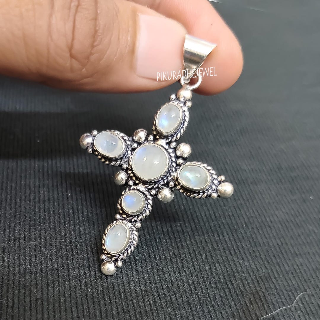 Rainbow Moonstone Cross Pendant: 925 Sterling Silver, June Birthstone ...