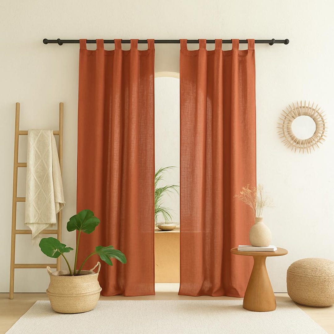 Rust Tab Top Curtain Panel | Linen Look Window Drapes for Living Room ...