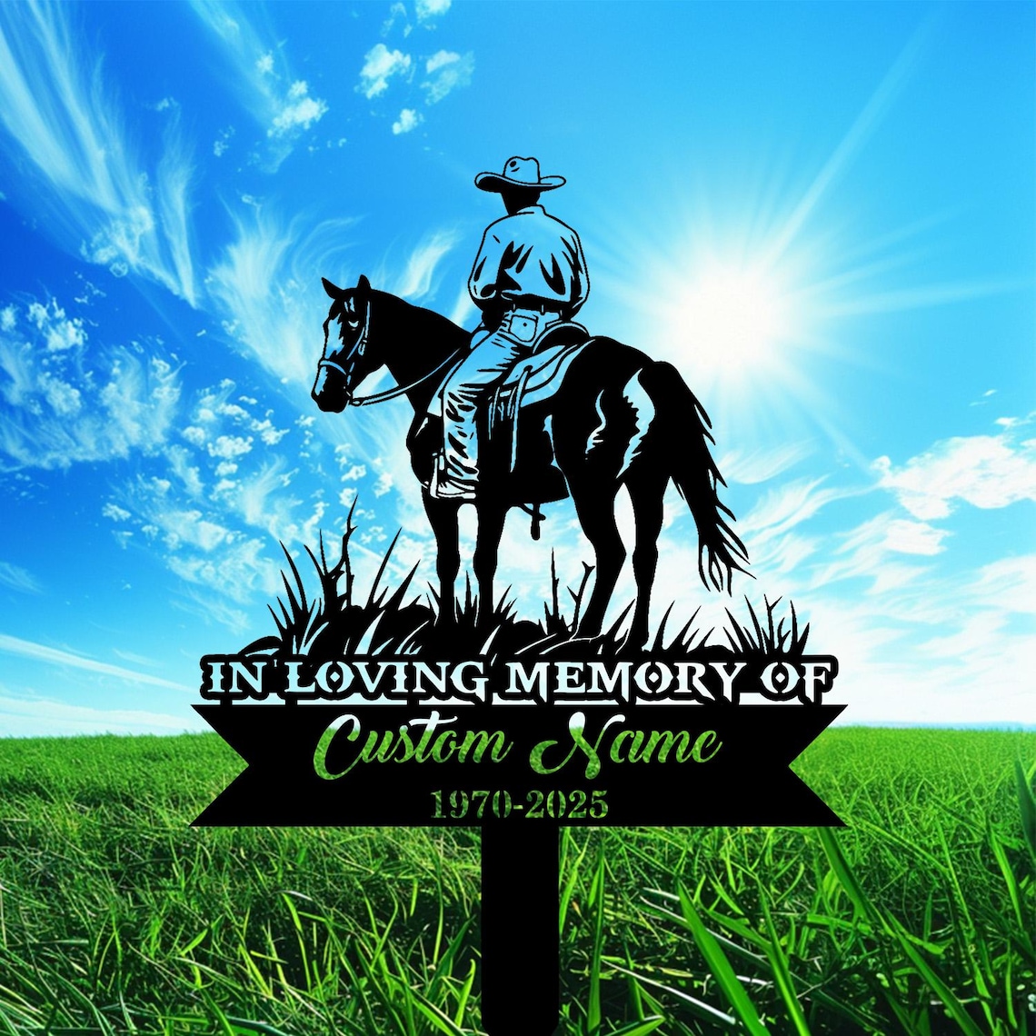 Personalized Cowboy on Horse Memorial Stake, Custom Grave Marker With ...