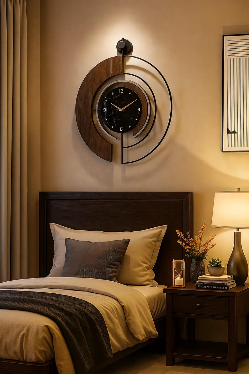 22” Modern Walnut Wall Clock With Marble Glass Dial, Large Metal Frame ...