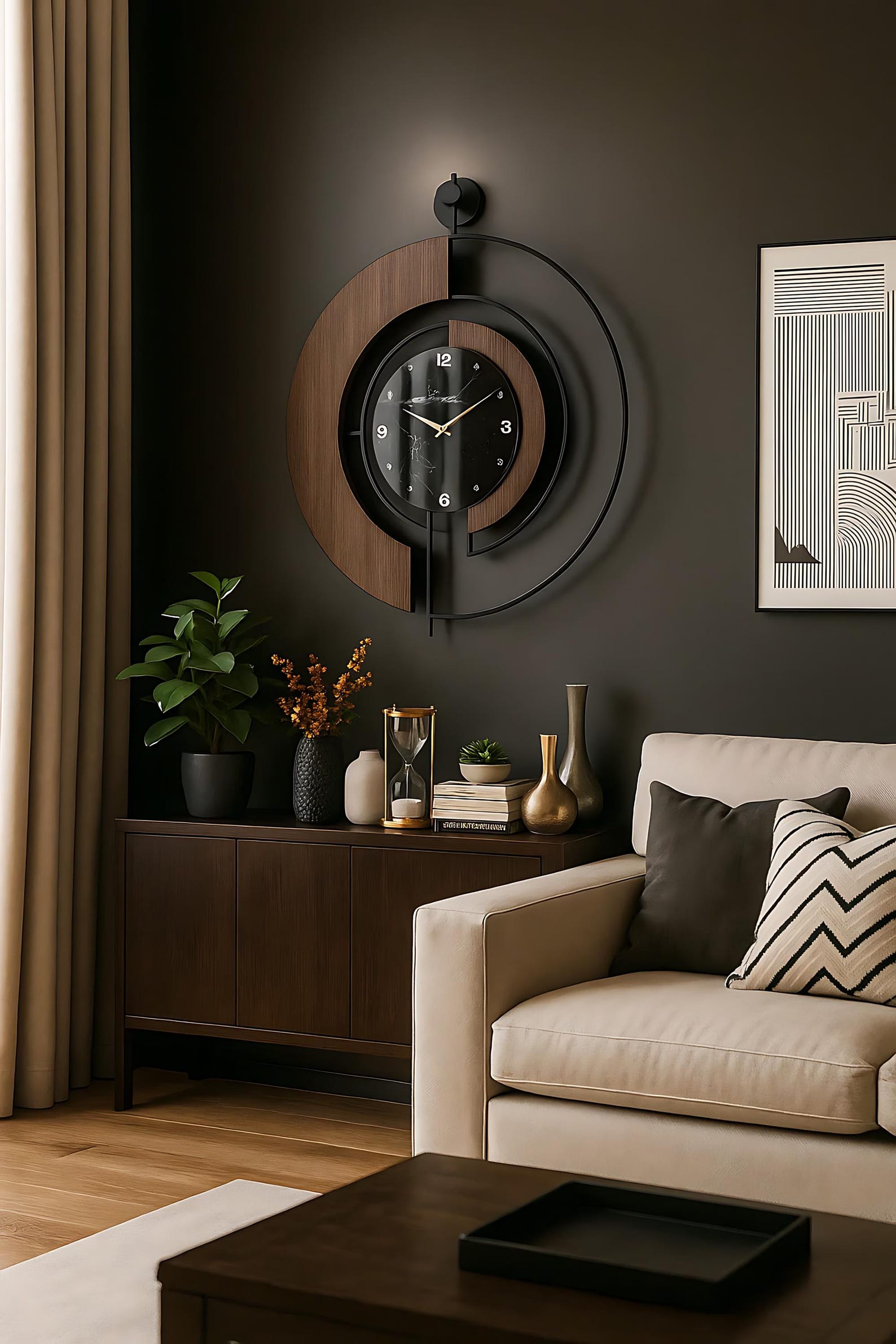 22” Modern Walnut Wall Clock With Marble Glass Dial, Large Metal Frame ...