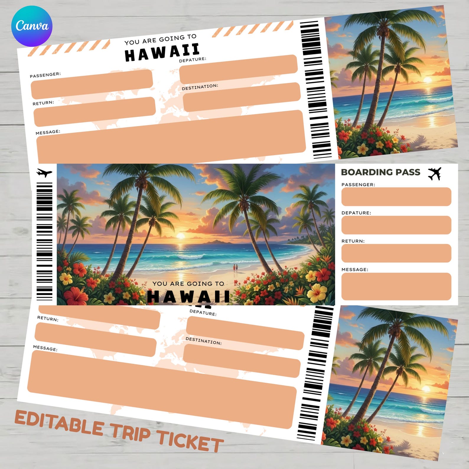 Hawaii Trip Surprise Ticket Printable, Editable Boarding Pass, Vacation ...