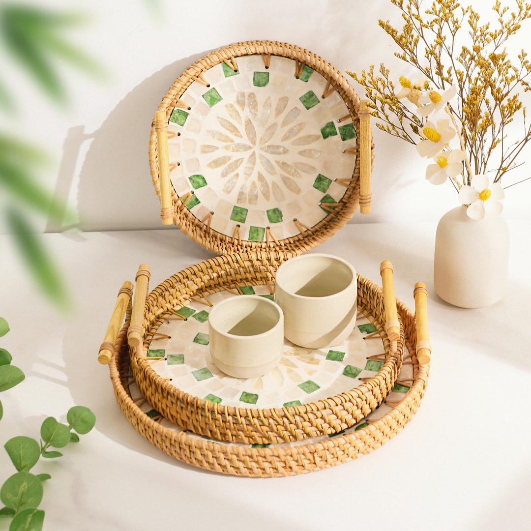 Valentines Day Gift Hand-woven Rattan & Seashell Tray, Round Serving ...