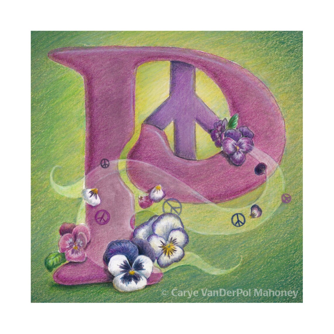 Letter P Monogram With Purple Pansies and Peace Signs on Green - Etsy