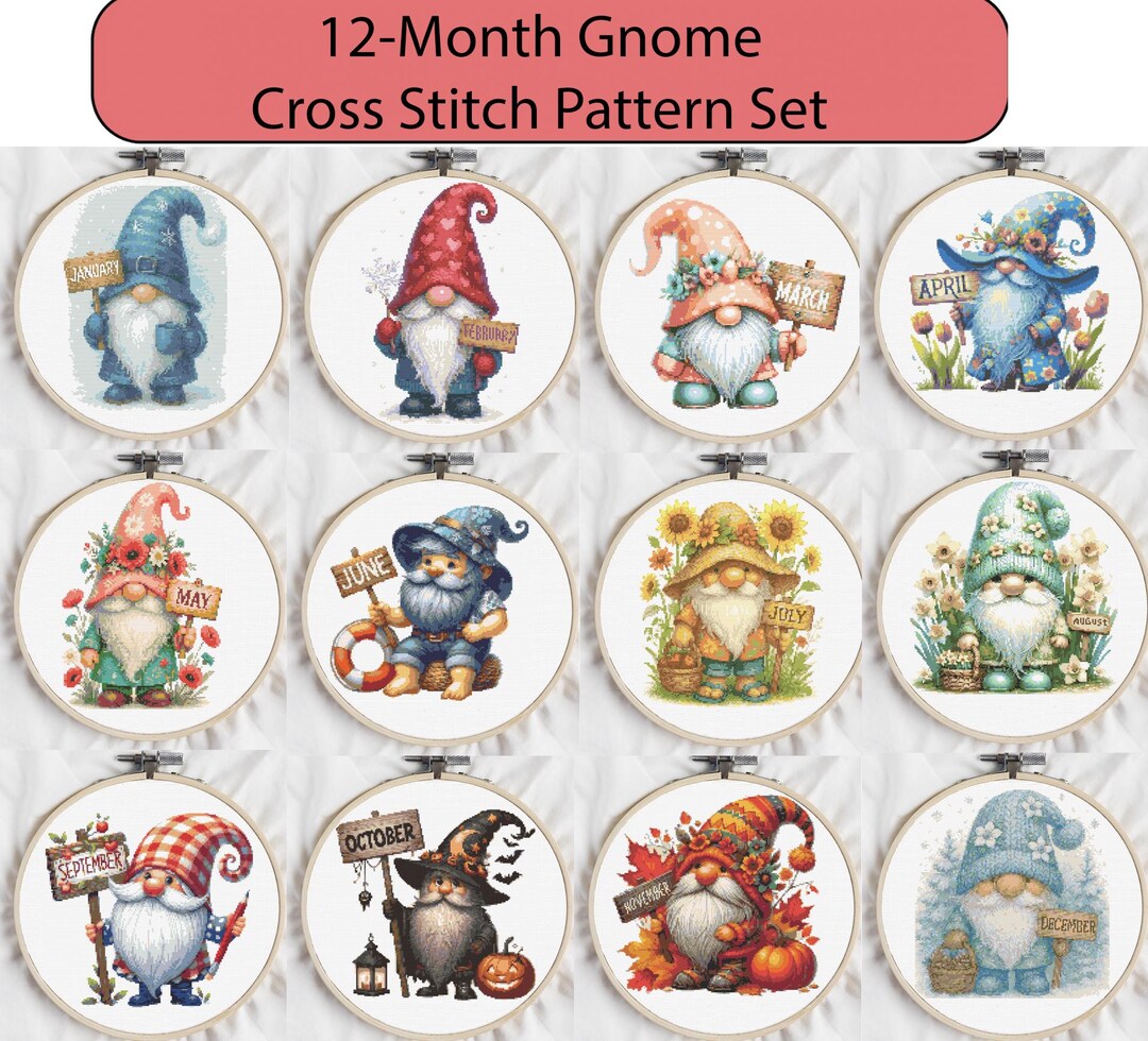 Monthly Gnomes Cross Stitch Pattern Set: 12 Seasonal Embroidery Designs ...