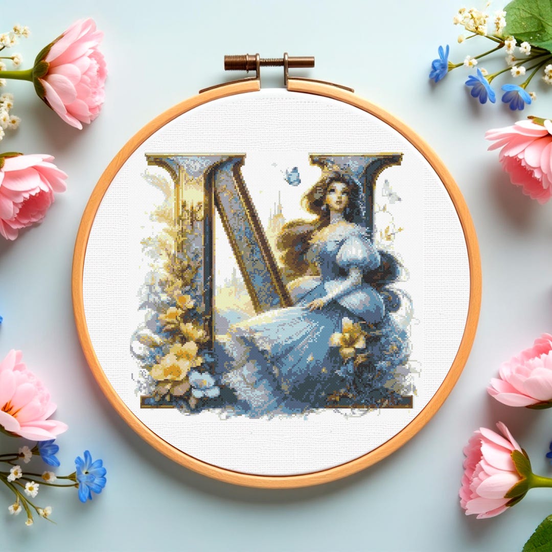 Princess Letter N Cross Stitch Pattern: Alphabet Monogram (PDF Digital ...