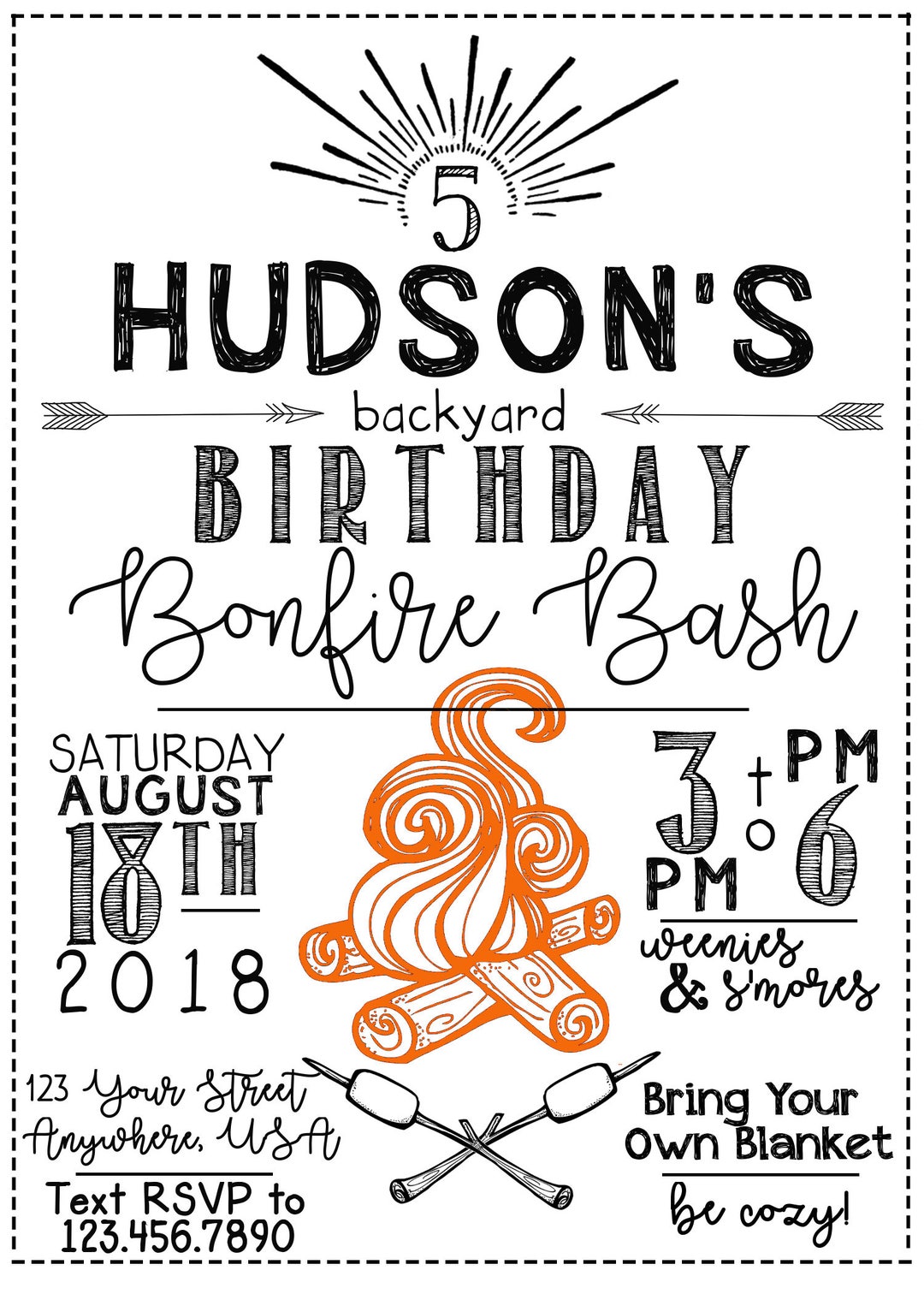 Personalized Bonfire Bash/camping Party/campfire S'more's Invitation ...