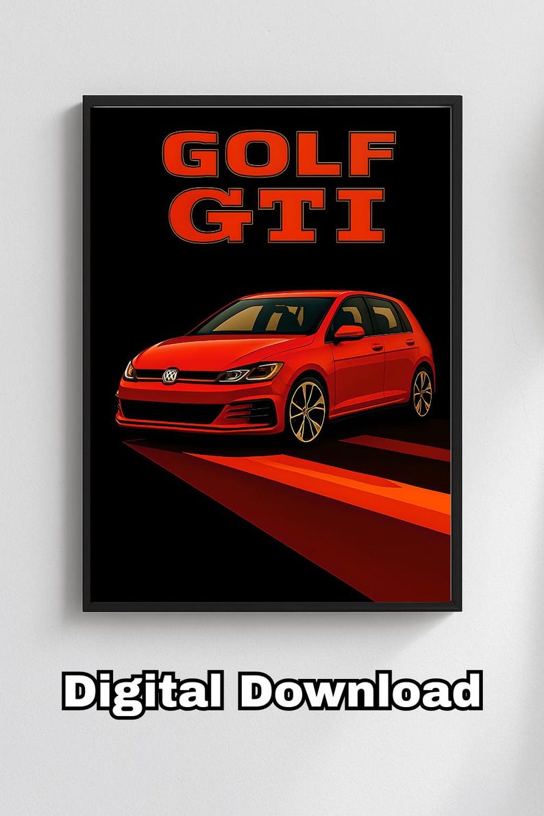 Golf GTI Digital Poster – Red Golf GTI Print – Sport Car Wall Art ...