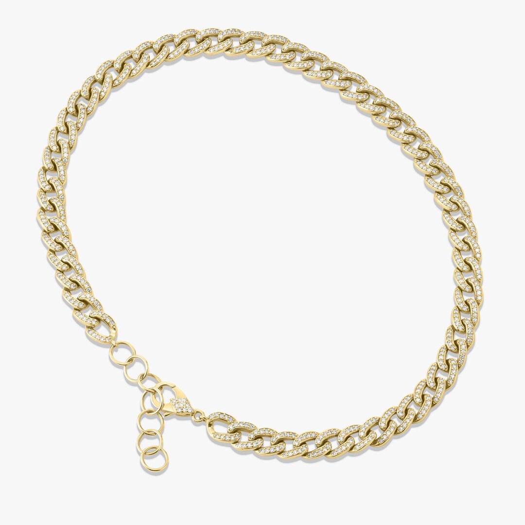 Chain Link Anklet Pave Cuban Link 14k 18k Real Solid Gold Anklet Lab ...