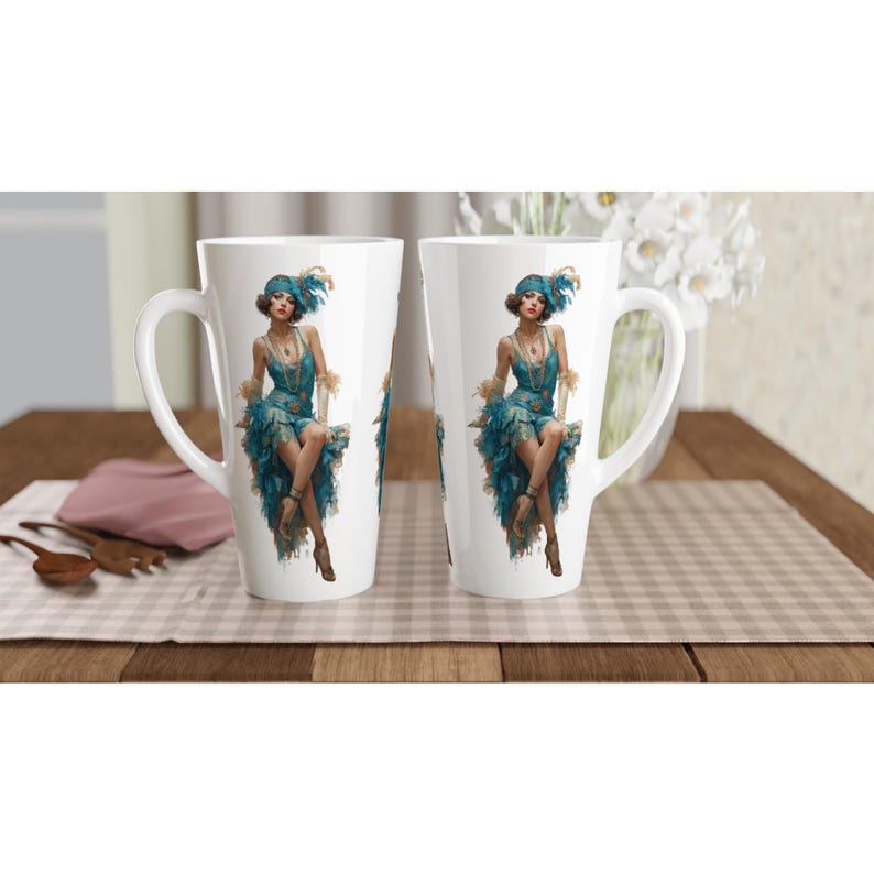 Vintage 1920s Turquoise Flapper Girl White Latte Mug - Art Deco Ceramic ...