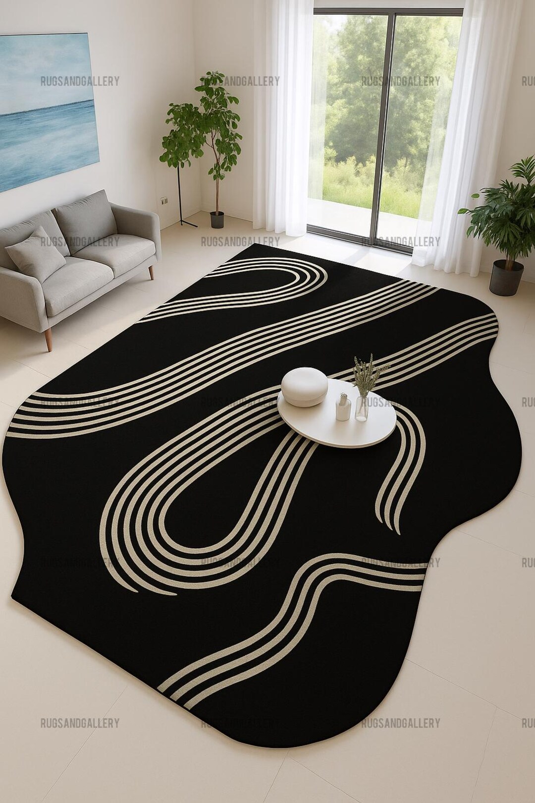 Black Abstract Wool Rug: Hand-tufted Modern Wavy Accent Carpet - Etsy