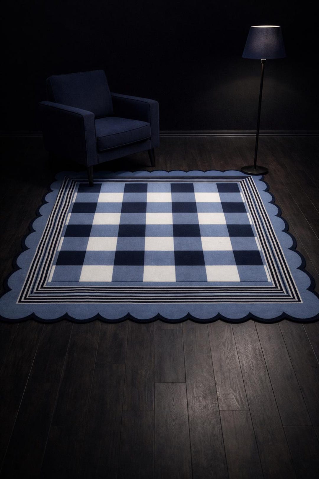 Dusty Blue Gingham Wool Rug With Scalloped Border Navy Checkered Modern ...