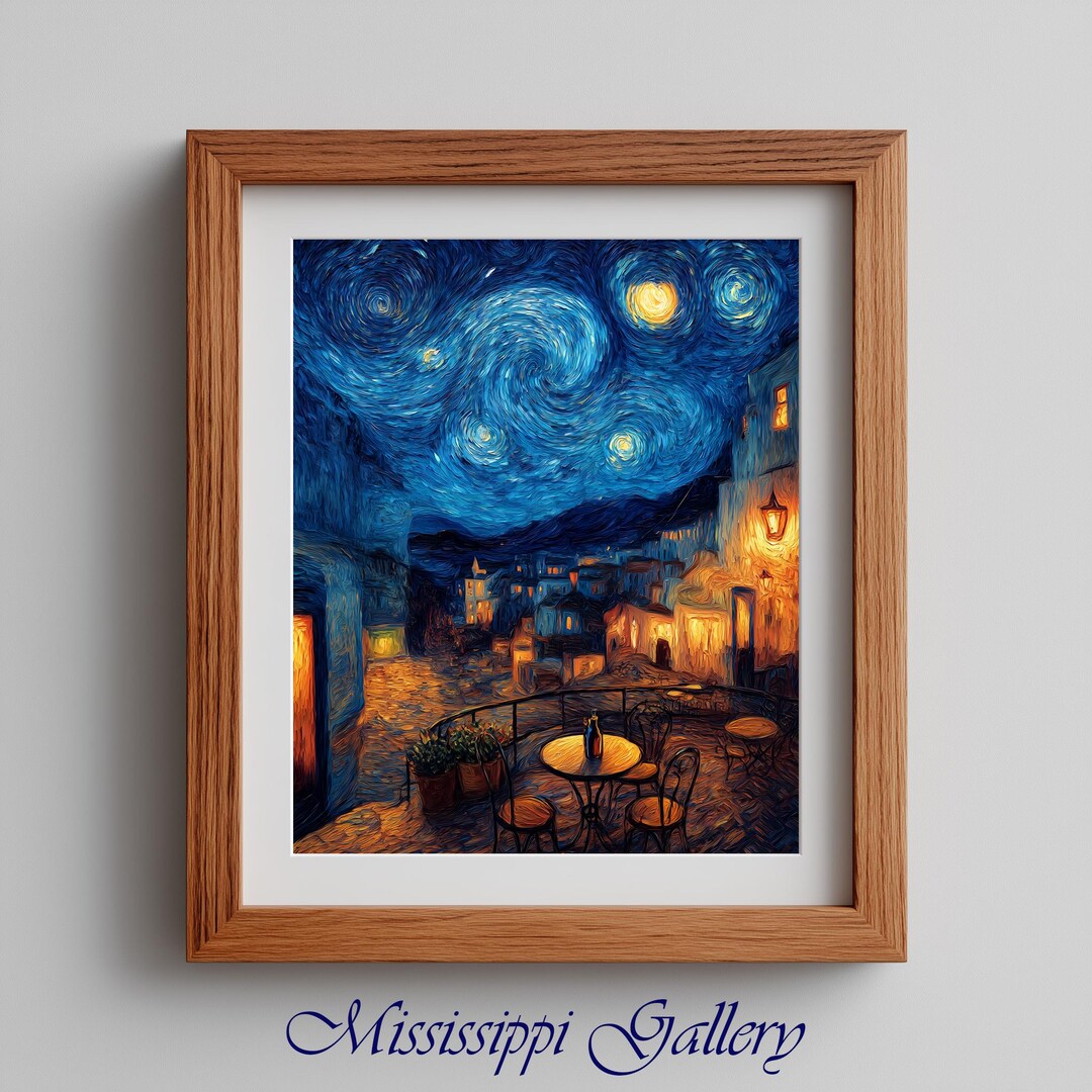 Printable Moonlit Mediterranean Village Terrace Moody Night Sky Art ...