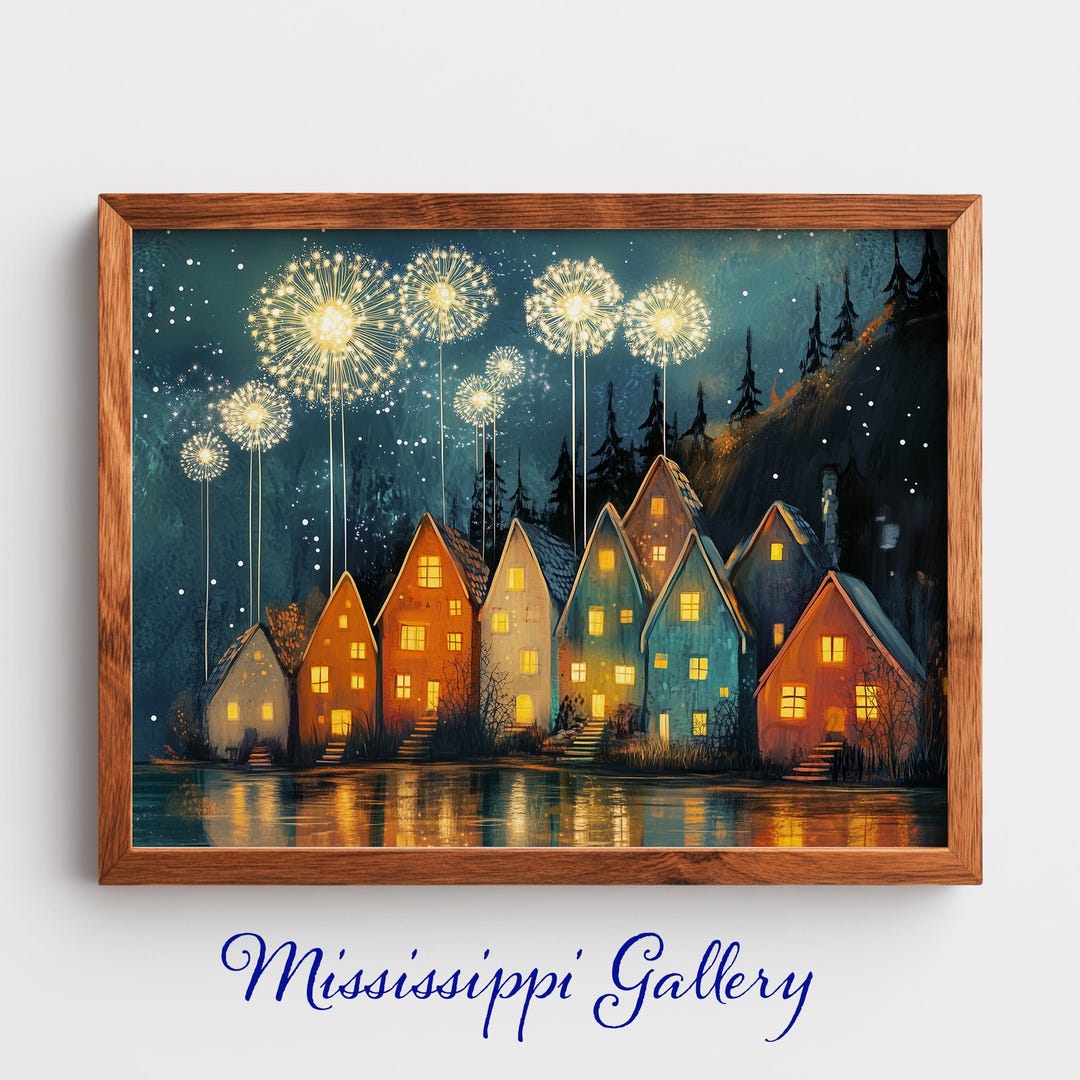 Magical Printable Village Night Scene - Moody Fantasy Houses, Cozy Warm ...