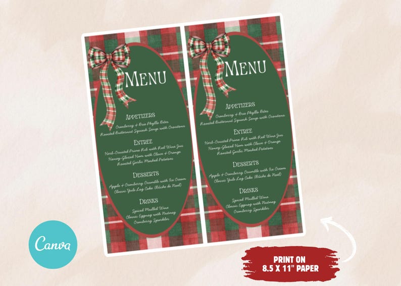 Christmas Menu Template, Holiday Menu, Plaid Dinner Menu Template, Red ...