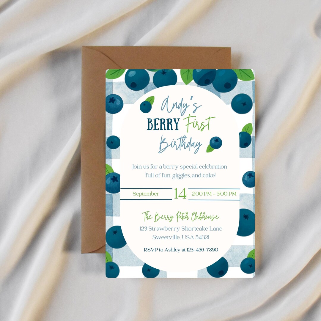 Berry First Birthday Invitation Template, Blueberry 1st Birthday Invite ...