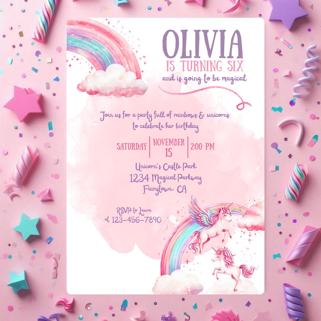 Unicorn and Rainbow Birthday Invitation Template, Girls Unicorn Party ...