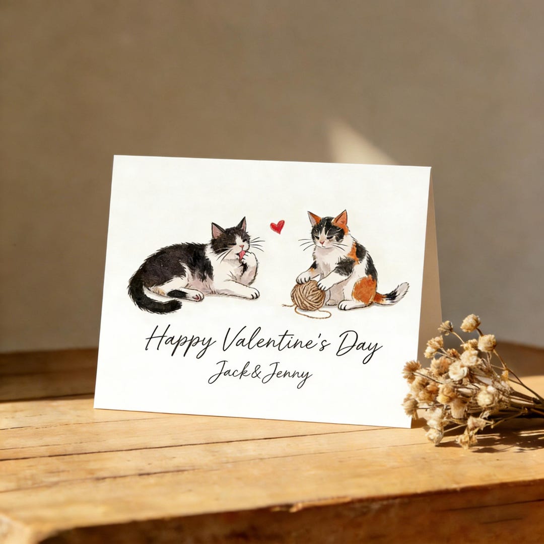 Valentine's Day Cat Card, Watercolor Cat Valentine Card, Cat Lover ...