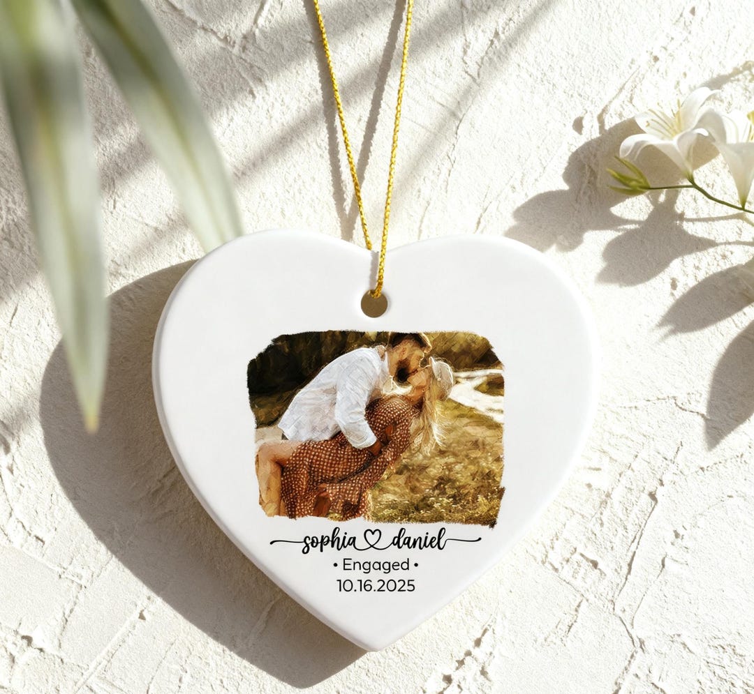 Custom Photo Ornament, First Christmas Engaged Gift, Ceramic Xmas Decor ...