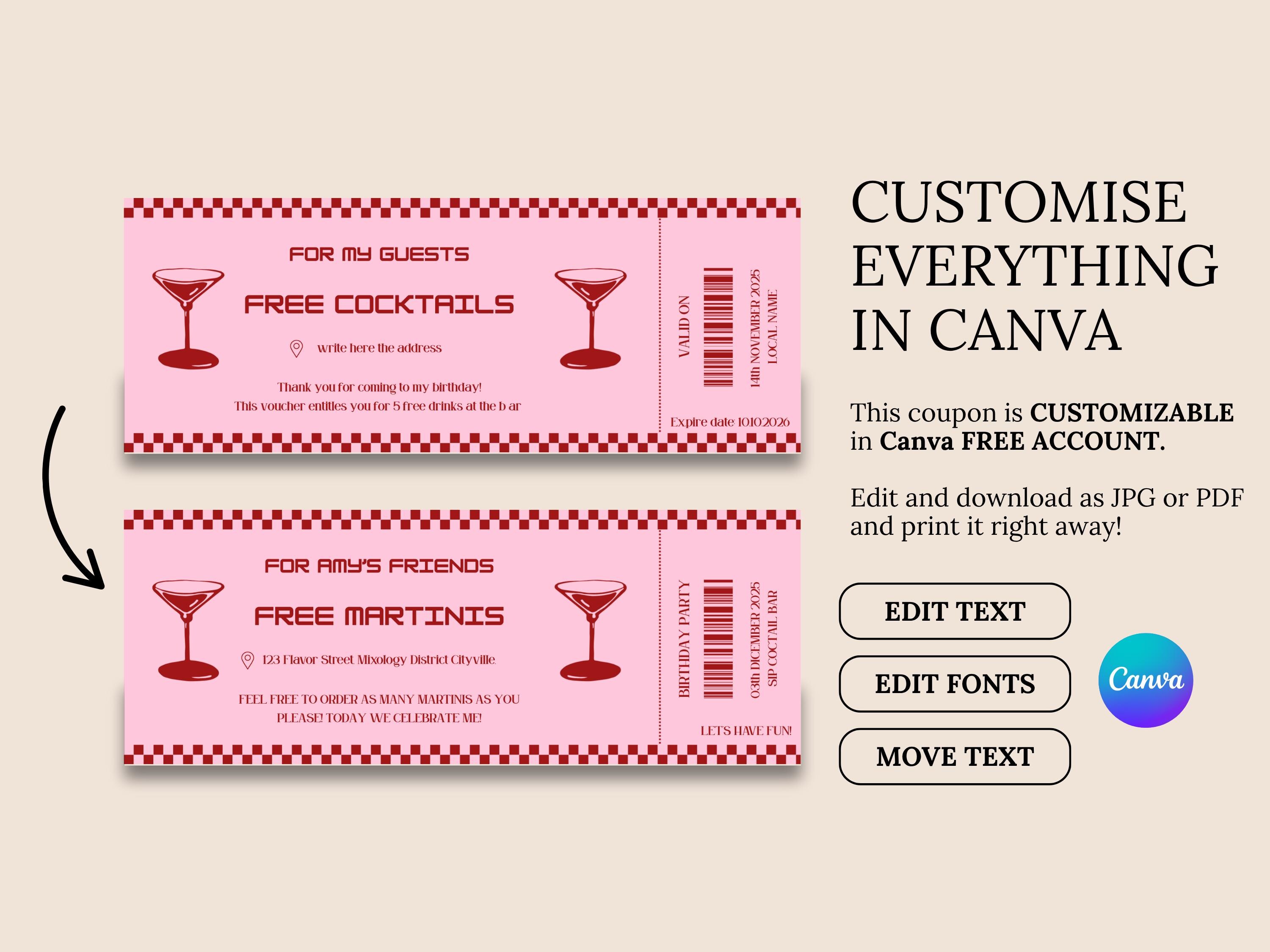 Free Cocktails Gift Certificate, Printable and Personalized Set of ...