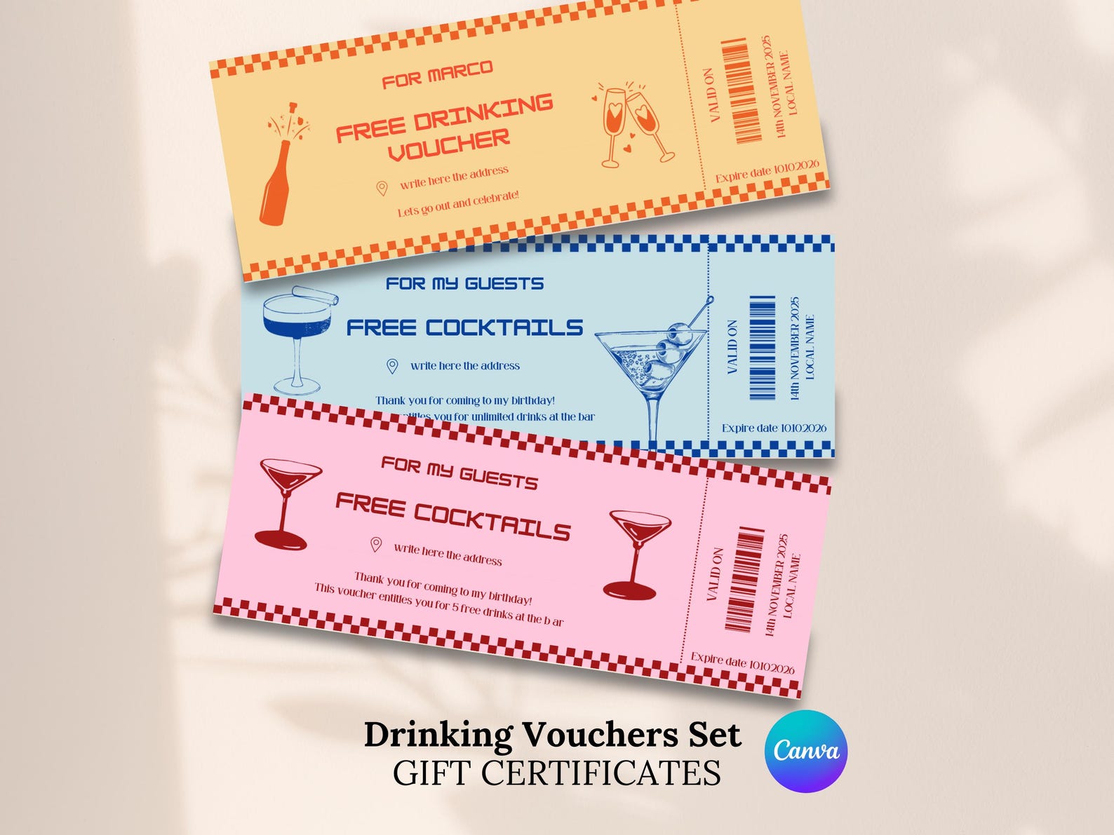 Free Cocktails Gift Certificate, Printable and Personalized Set of ...