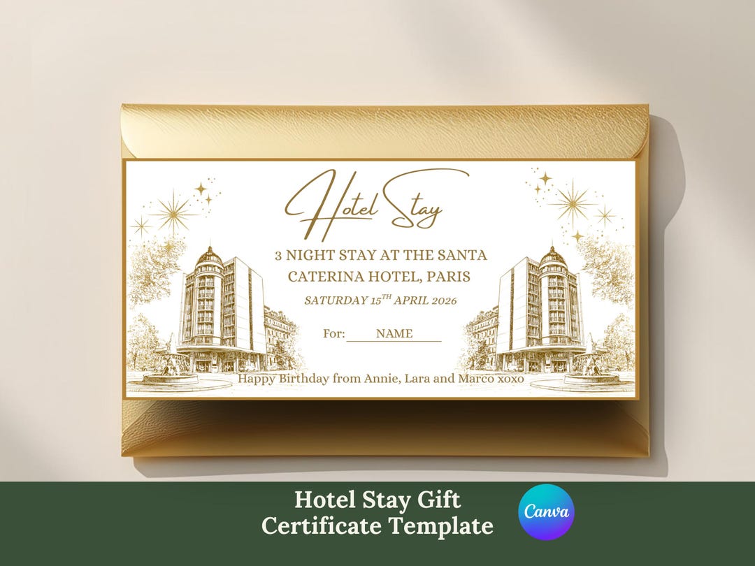 Elegant Hotel Stay Gift Certificate, Personalized Gift, Christmas ...