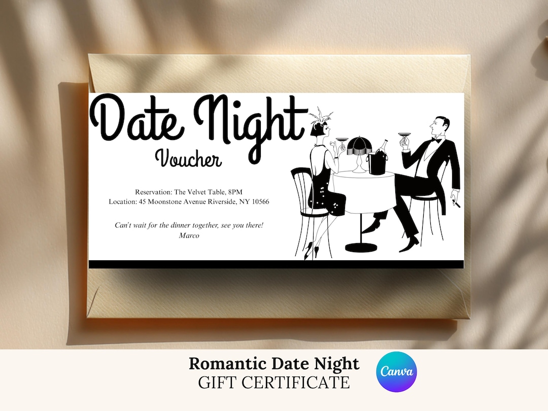 Romantic Date Night Gift Certificate, Editable Canva Template Voucher ...