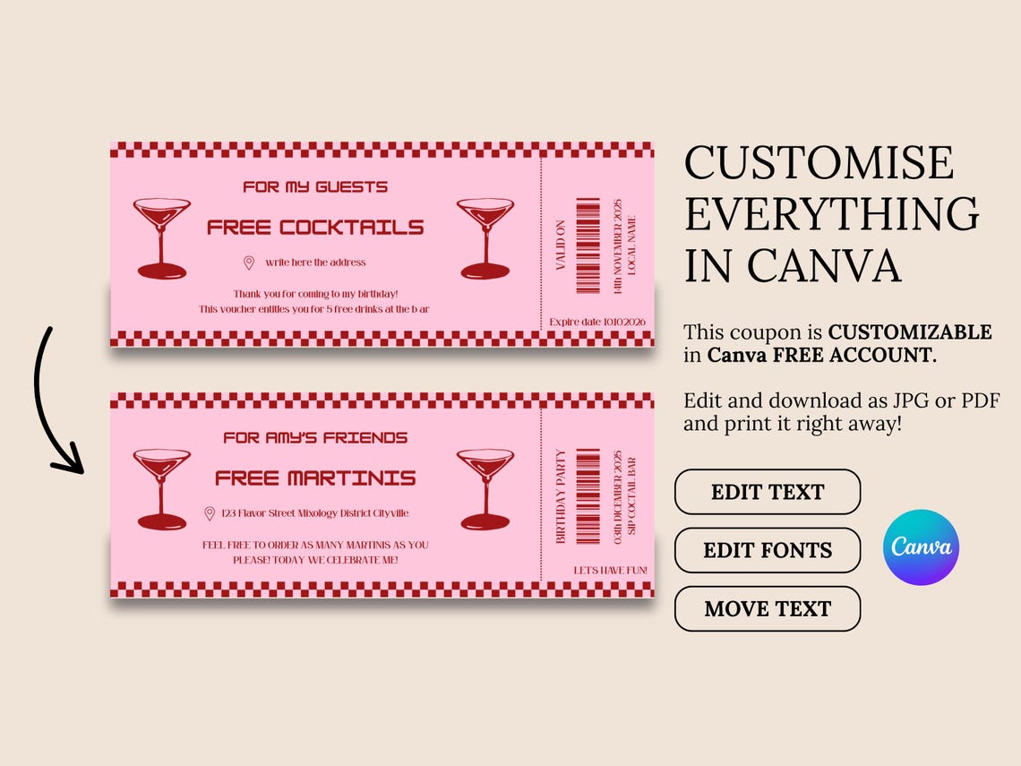 Cherry Red Drinking Gift Certificate, Printable and Personalized DL ...