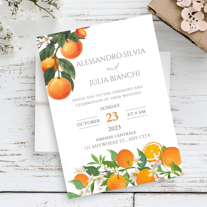 Italian Citrus Wedding Invitation Template: Elegant Mediterranean ...