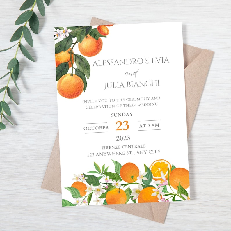 Italian Citrus Wedding Invitation Template: Elegant Mediterranean ...